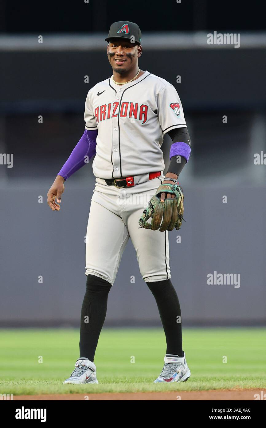 BRONX, NY - APRIL 01: Geraldo Perdomo #2 of the Arizona Diamondbacks warms up prior to the game ...