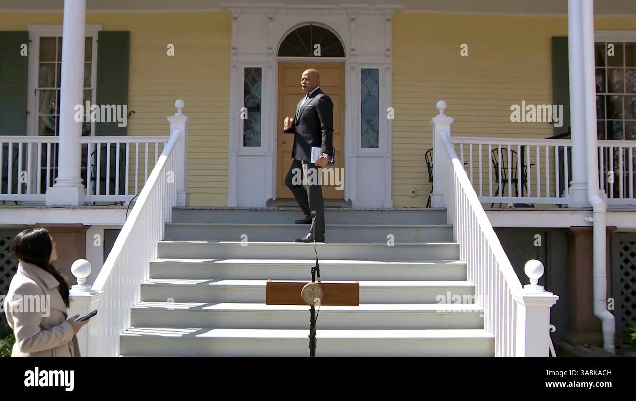 In this photo taken from video, New York mayor Eric Adams comments as ...