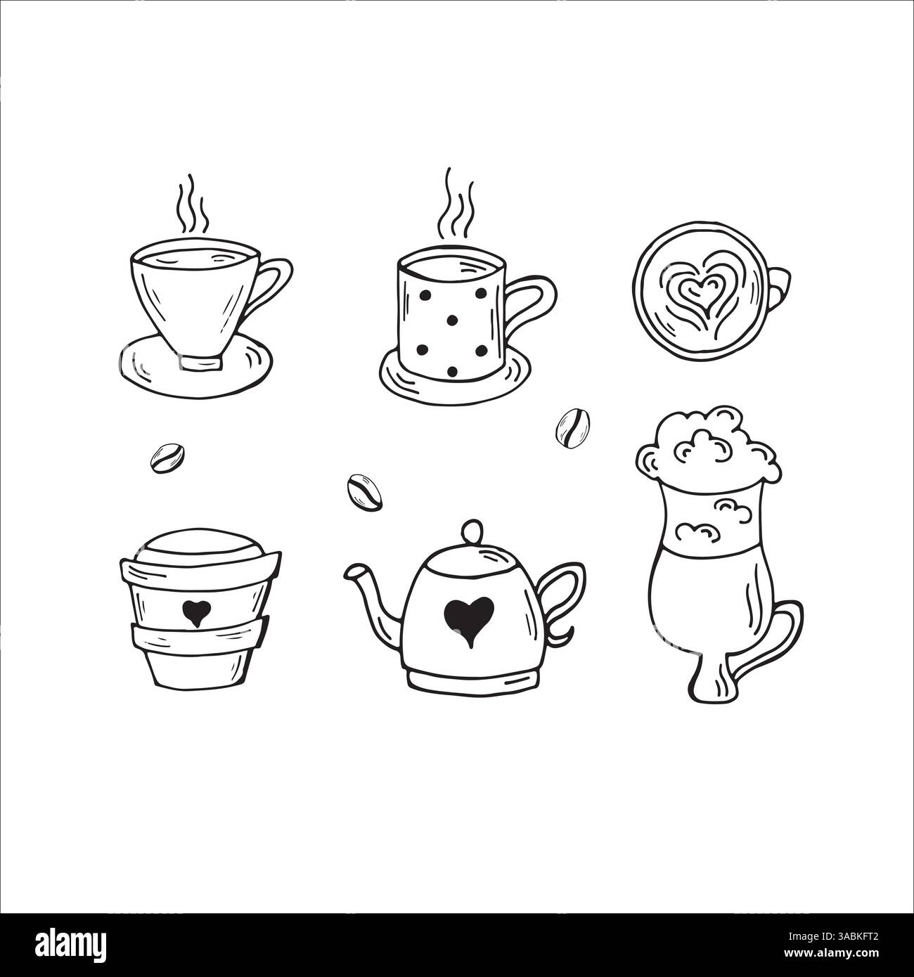 Hand drawn coffee cup with smoke set. Minimalist sketch doodle for cafe ...