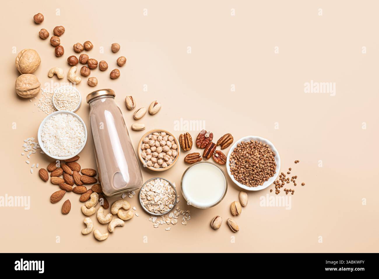 Vegan plant based milk bottles and ingredients, border. Non dairy ...