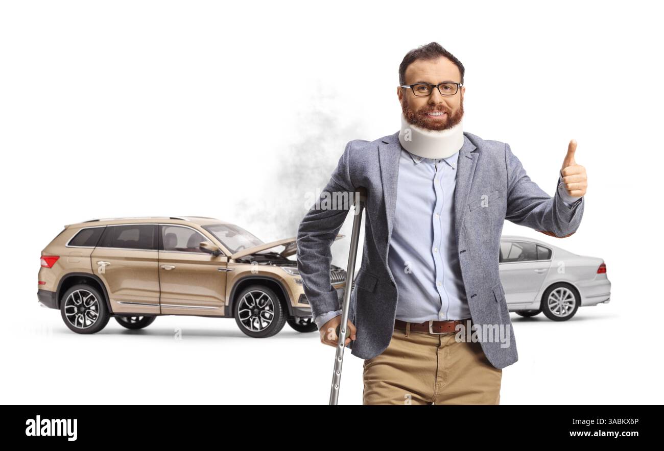 Man with injuries after a car crash gesturing thumbs up isolated on ...