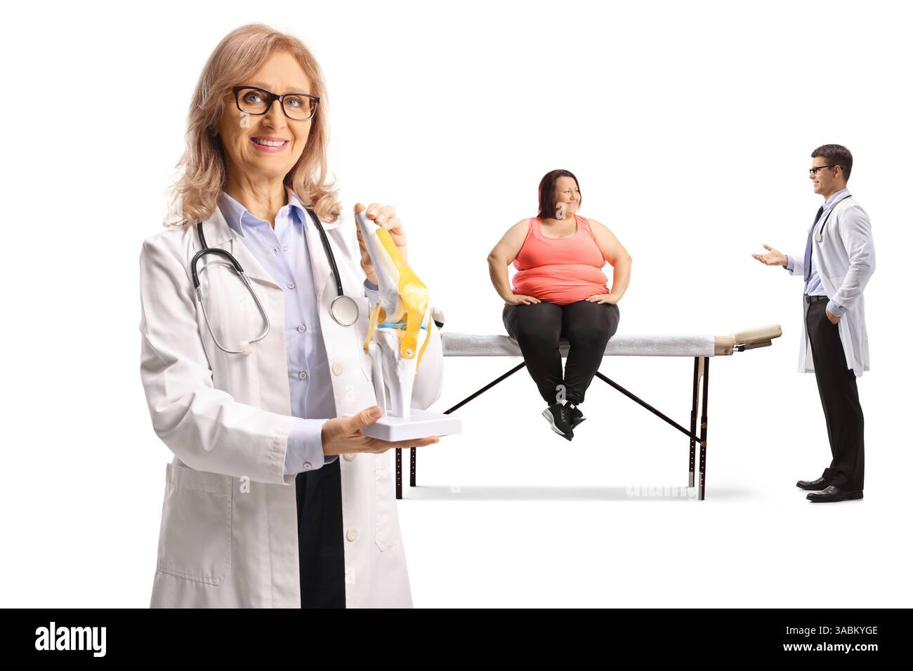 Doctor giving advice to an overweight woman with knee problem isolated ...