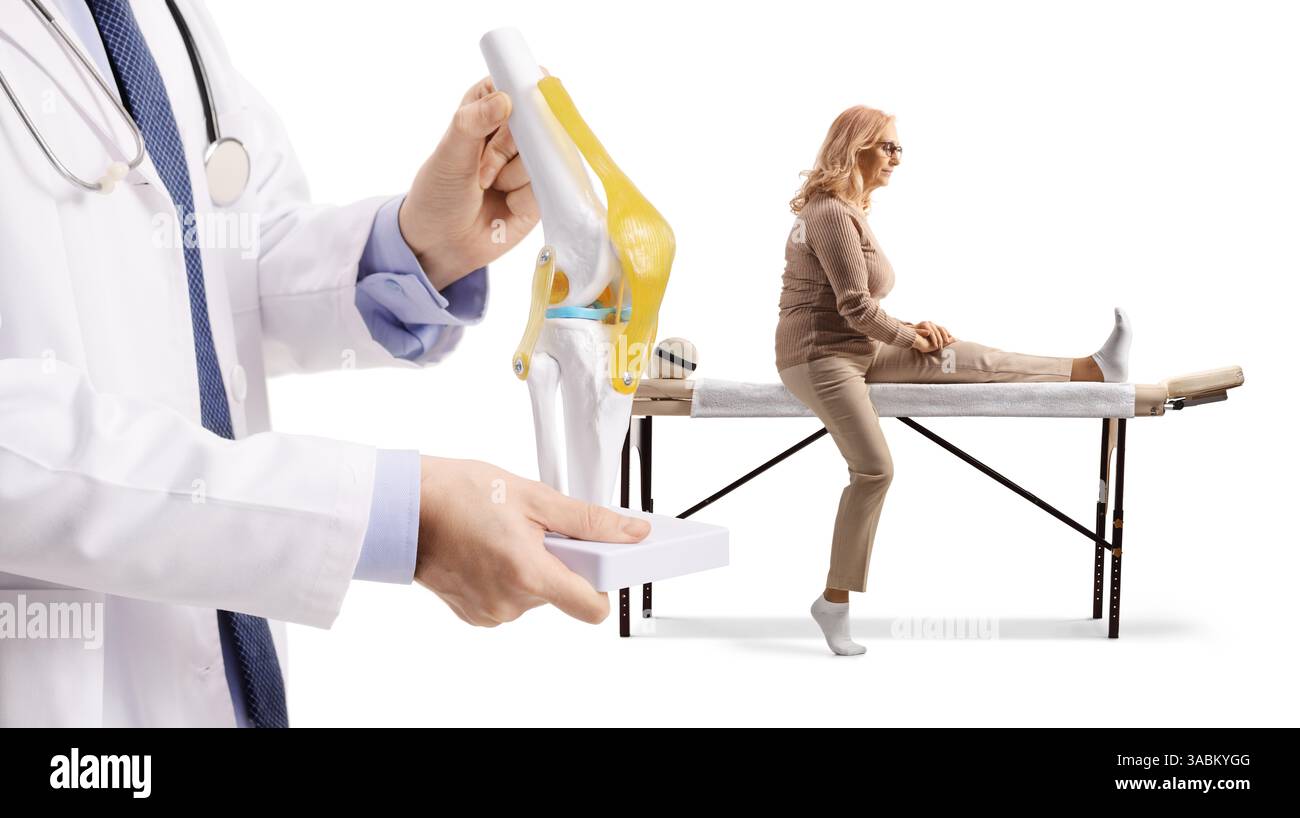 Woman with injured knee sitting on a physical therapy bed isolated on ...