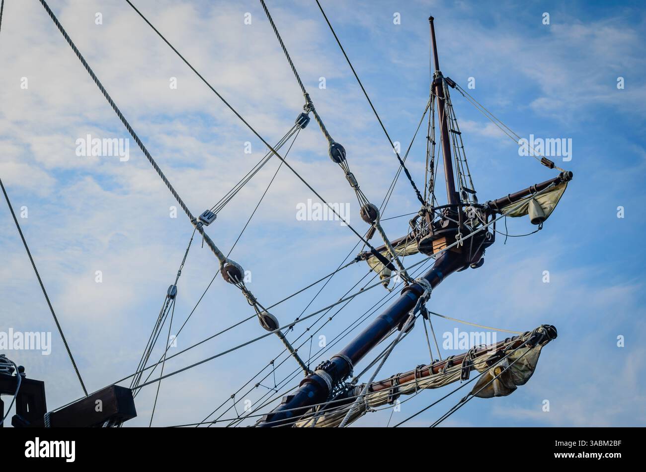 Tall ship bow rigging reaching up to a cloudy sky above Stock Photo - Alamy