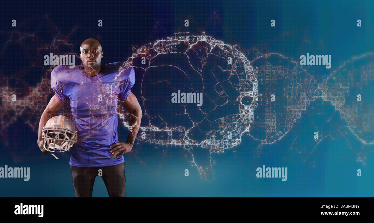 Image of digital brain spinning over male american football player ...