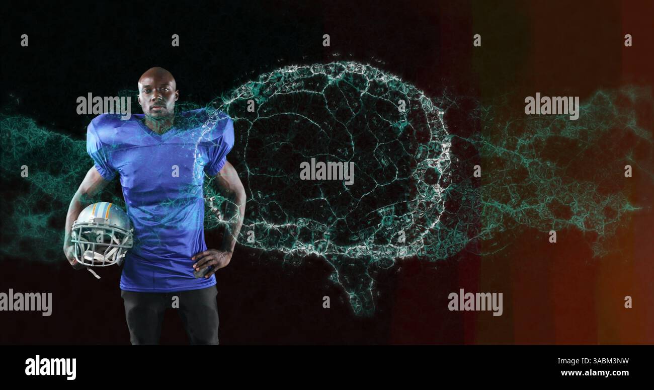 Image of digital brain spinning over male american football player ...