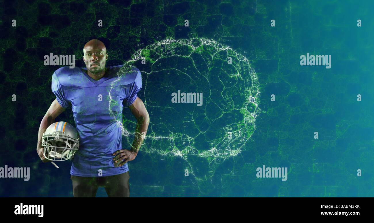 Image of digital brain spinning over male american football player ...
