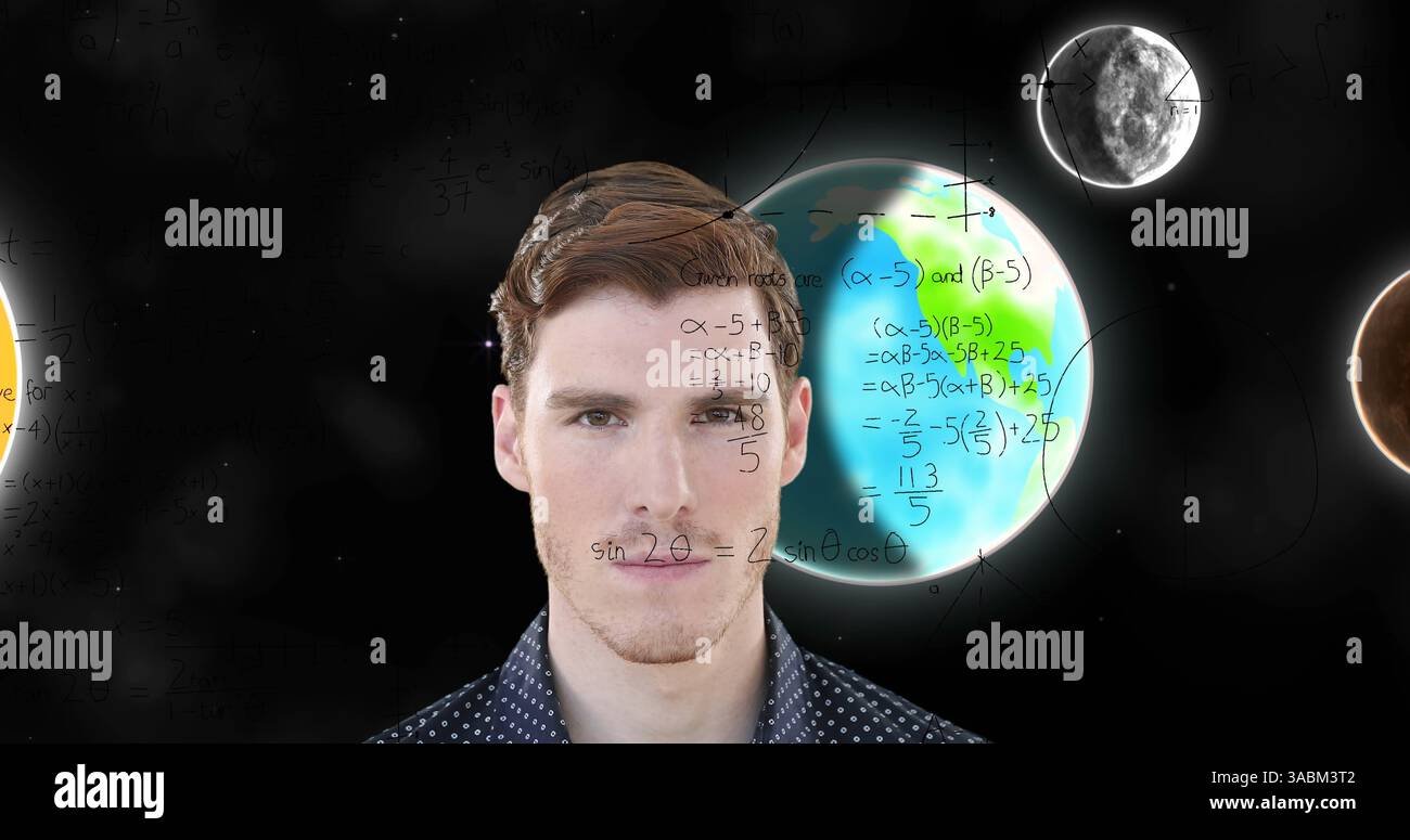 Image of businessman over equations and solar system Stock Photo - Alamy