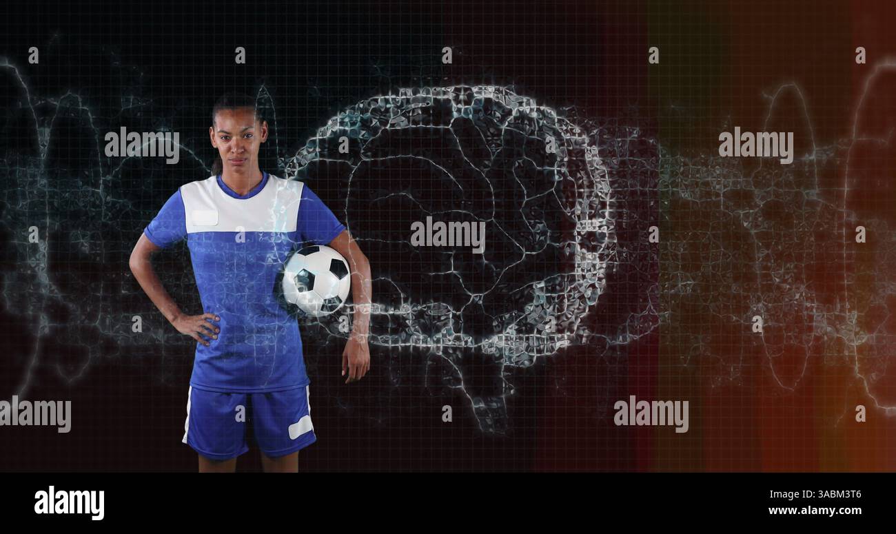Image of digital brain spinning over female football player holding ...