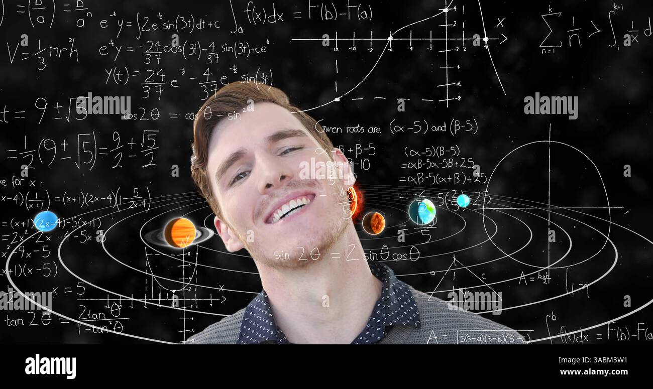 Image of businessman over equations and solar system Stock Photo - Alamy