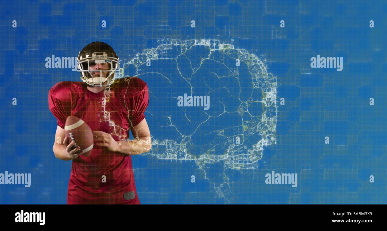 Image of digital brain spinning over male american football player ...