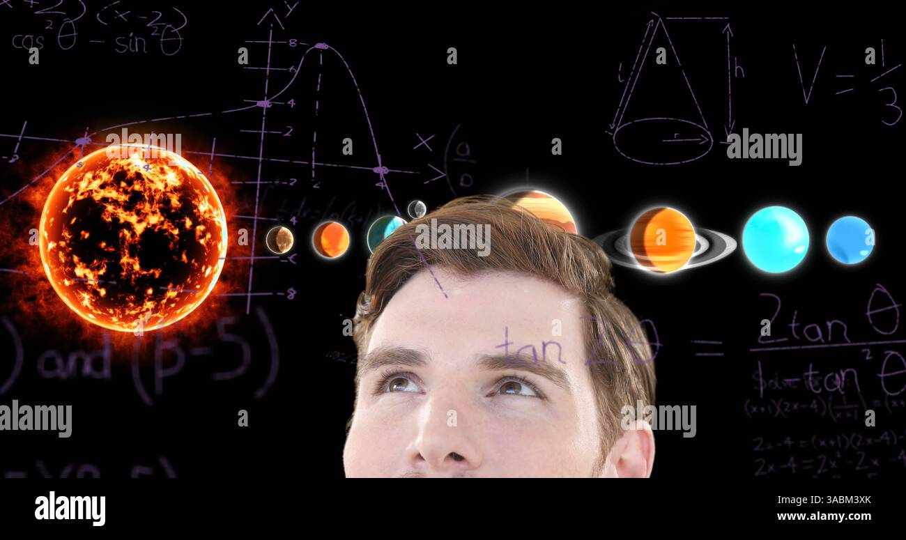 Image of businessman over equations and solar system Stock Photo - Alamy