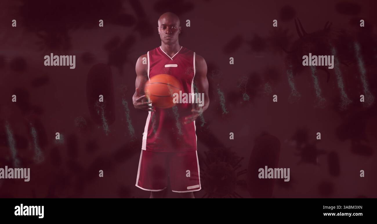 Basketball player dribbling on court with floating cell illustrations ...