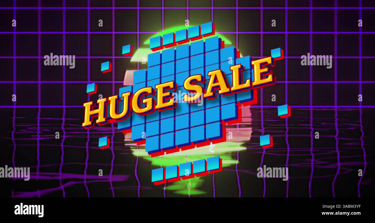 Huge sale text on abstract shapes over grid network and water ...