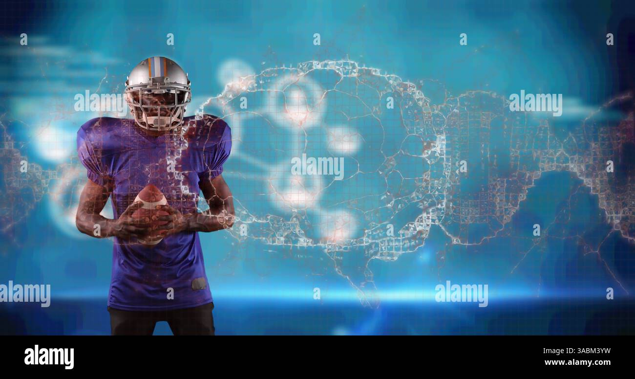 Image of digital brain spinning over male american football player ...