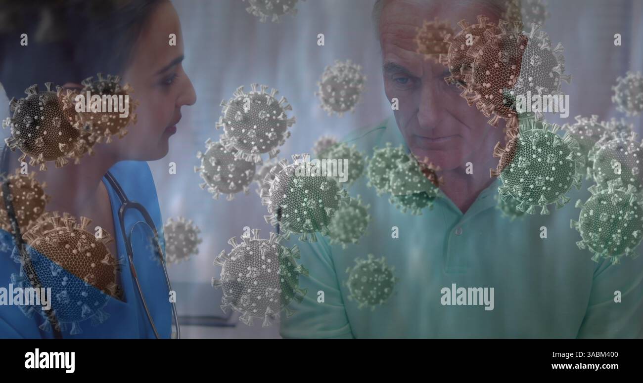 Virus cells floating around while female health worker talking to sick ...