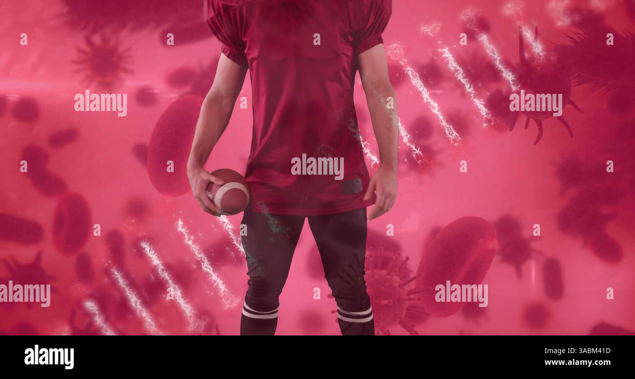 American football player running with virus cells floating in ...
