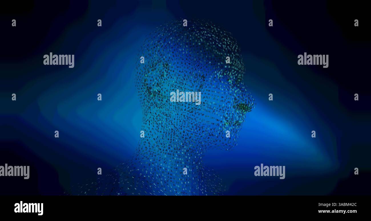 Digital image of human face model spinning against blue background ...