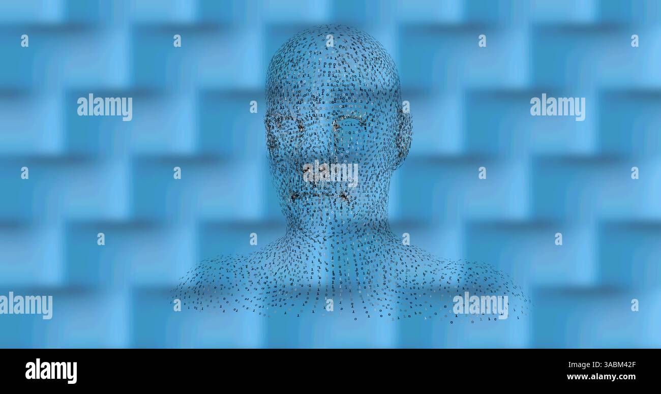 Digital image of human face model spinning against textured pattern on ...