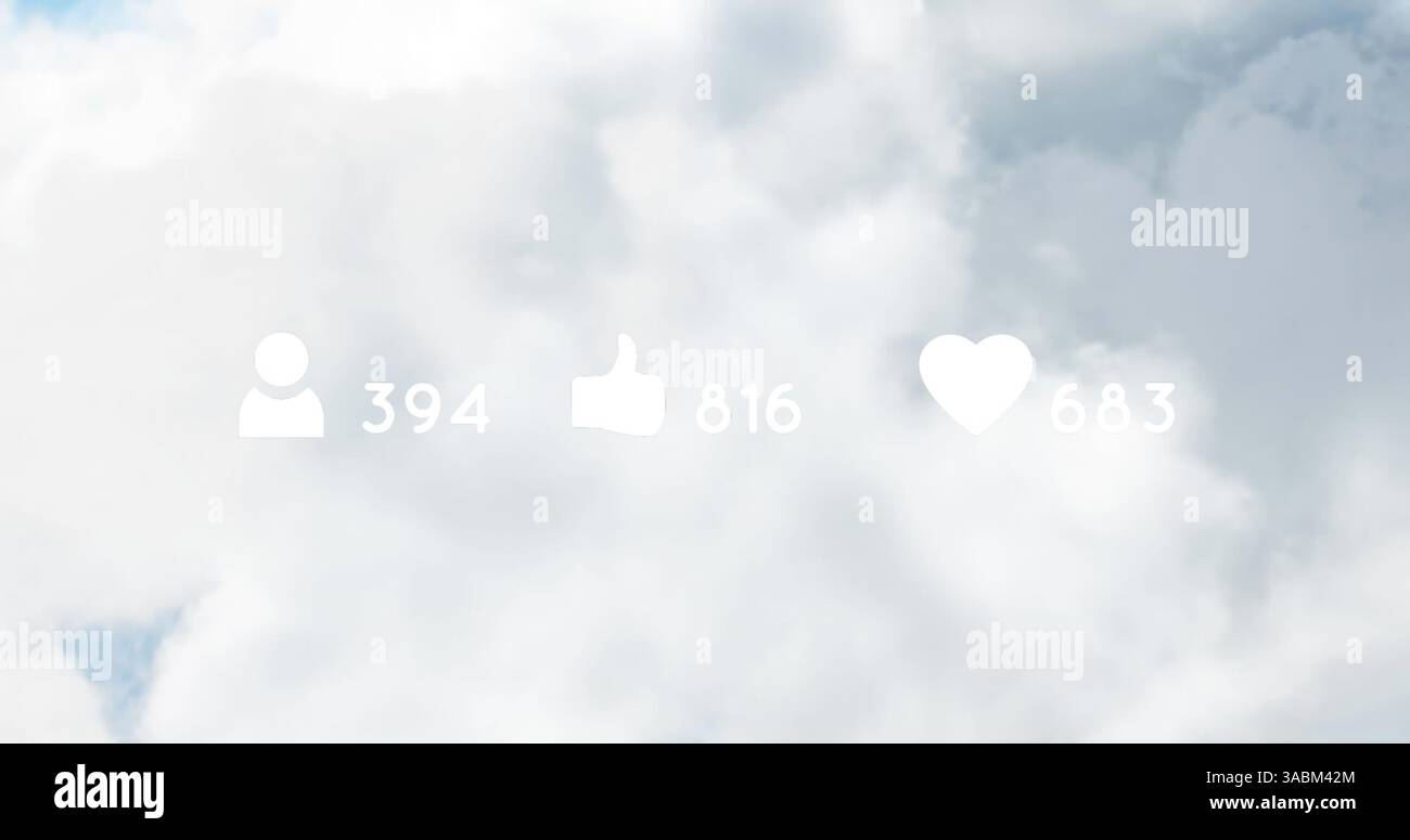 Increasing numbers of follow, like, heart icons with sky background ...