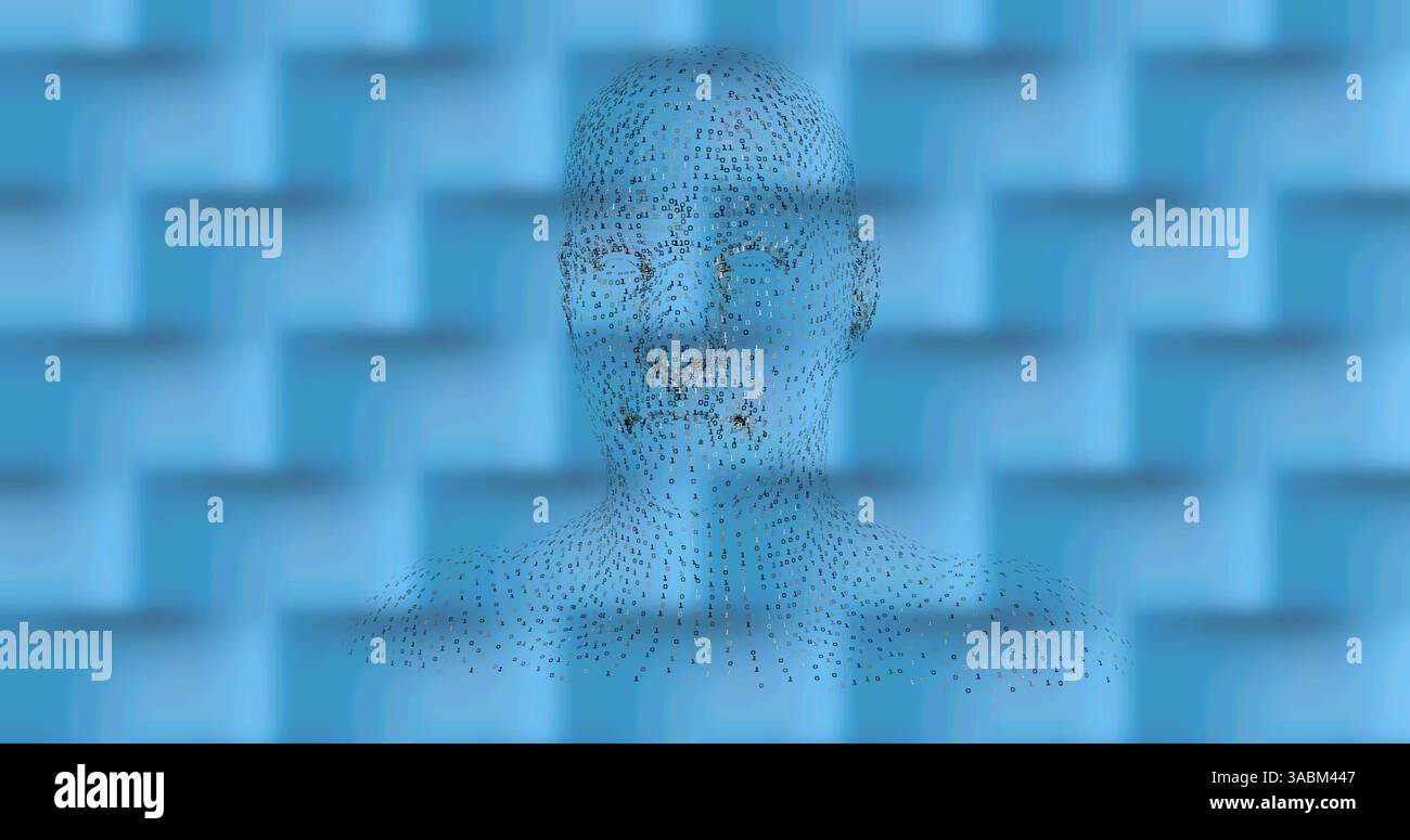 Digital image of human face model spinning against textured pattern on ...