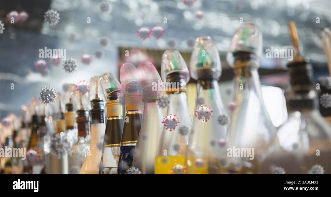 Virus cells floating with colorful syrup glass bottles in background ...