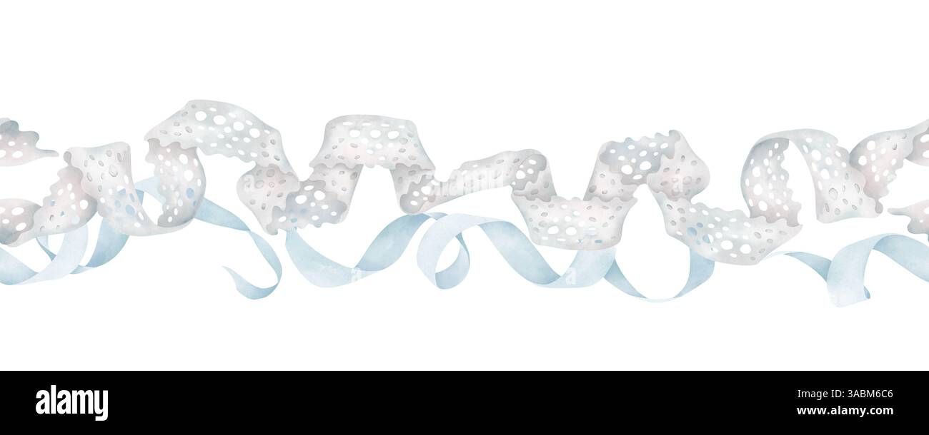 White crochet lace and blue curly ribbon seamless border. Hand drawn ...