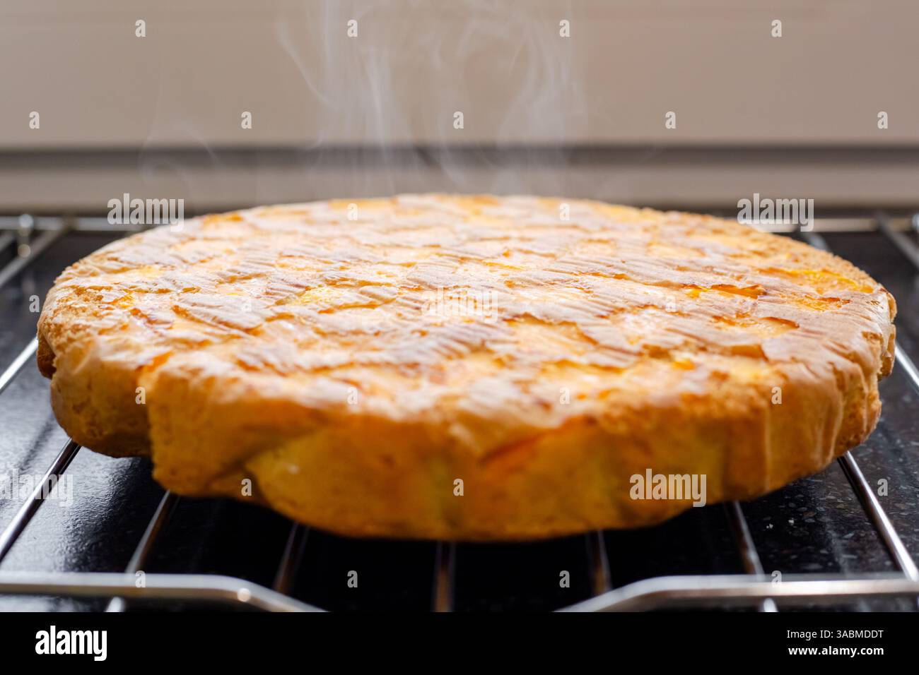 Pumpkin pie cools on an iron rack, steam billowing upward. Delicious ...