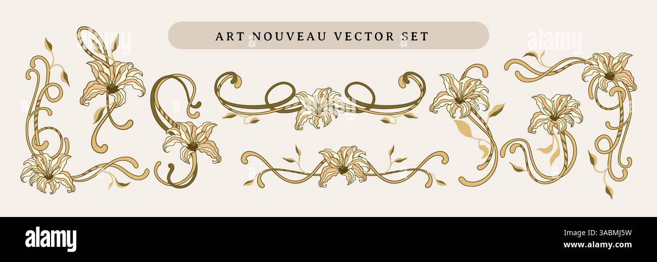 Elegant Art Nouveau Bohemian Baroque Motif Border Frame Set Lily Floral ...