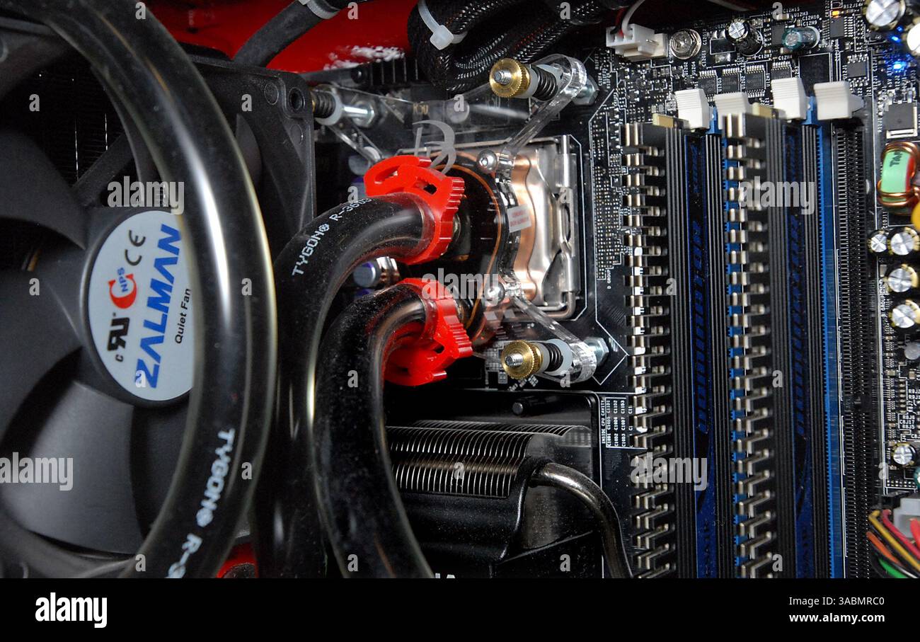 Detail of (from left) fan, liquid-cooled over-clocked quad core 2 Intel ...