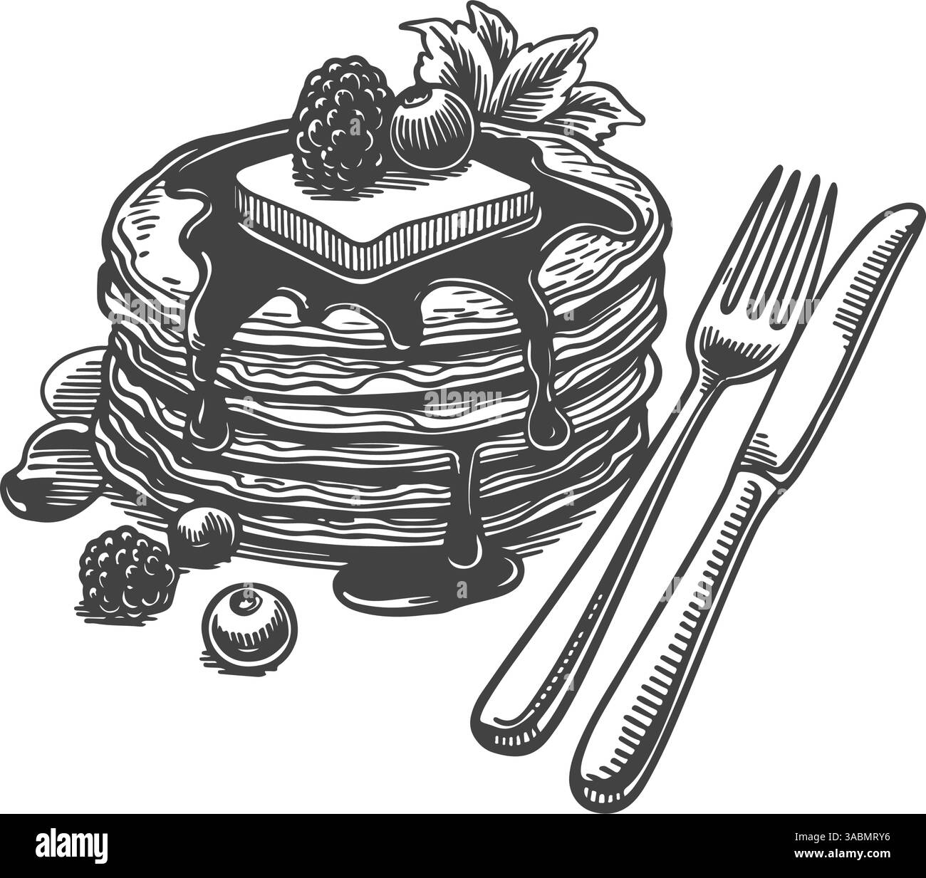 Vintage engraving illustration of pancakes with syrup, butter, berries ...