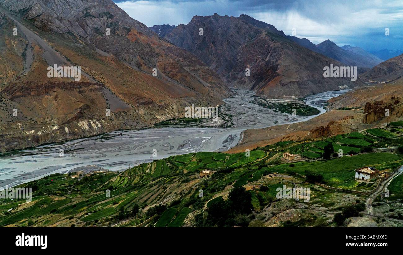 Braided River and Green Terraces Amid Rugged Himalayas in Spiti Valley ...