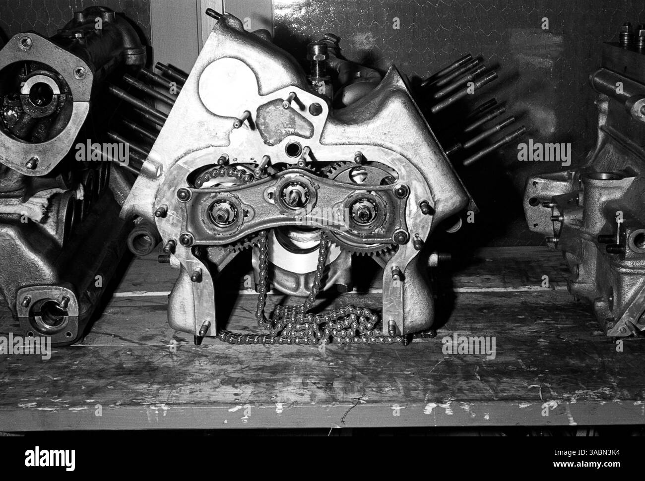 The engine block for a V6 Ferrari engine powering a Ferrari 156 being ...
