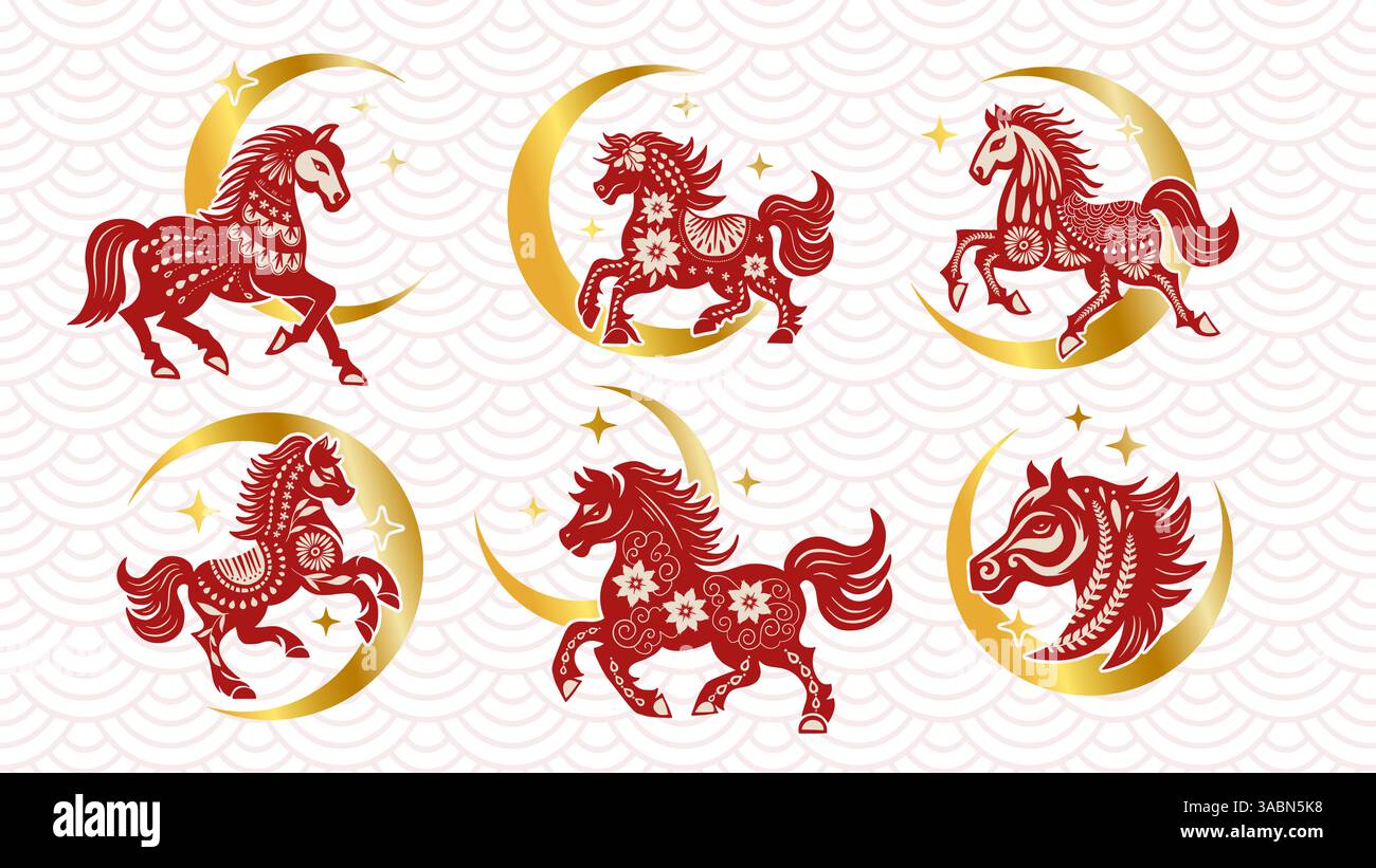 Celestial Magic Chinese Horse Moon Set Lunar New Year 2026 Vector ...