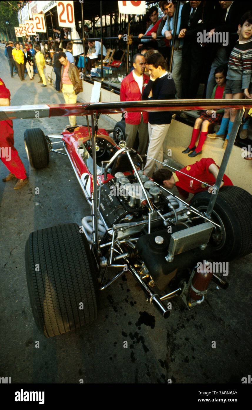 The Lotus Cosworth 49B of Jochen Rindt (AUT) in the Montjuich Park pitlane. Lotus mounted the ...