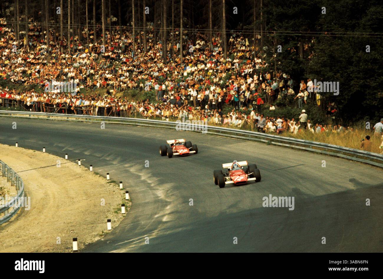 Race winner Jacky Ickx (BEL) Ferrari 312B leads his second placed team mate Clay Regazzoni (SUI ...
