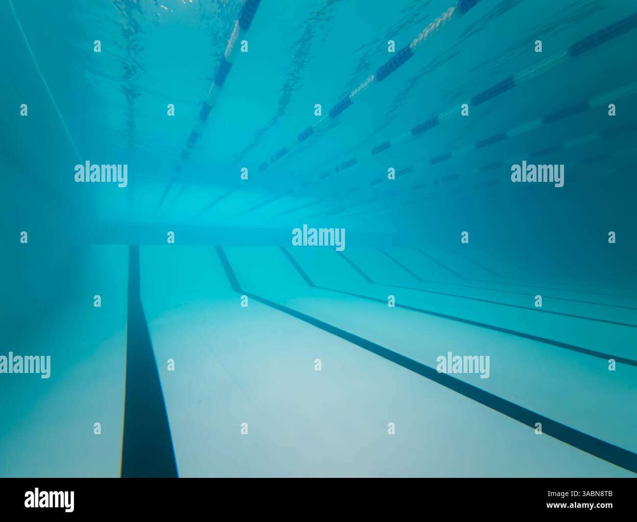 Underwater view of an empty 5-meter pool with clear blue water and ...