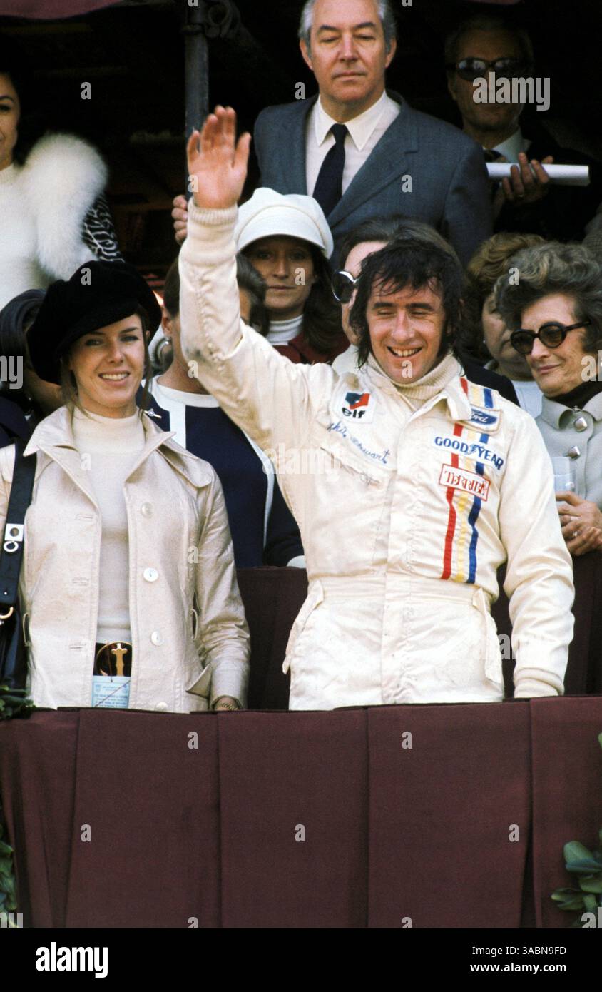Jackie Stewart (GBR) celebrates his third successive Spanish GP victory ...