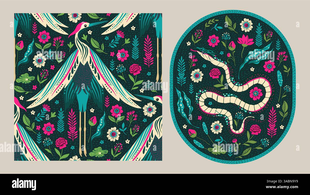 Vintage Boho Crane Bird and Snake Ethnic Card Set Ornamental Batik ...