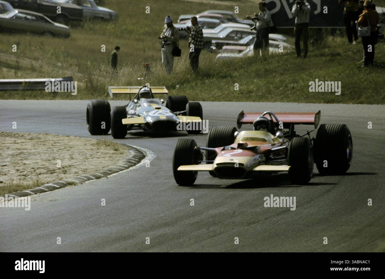 Third placed Jochen Rindt (AUT) Lotus 49B leads Jack Brabham (AUS ...