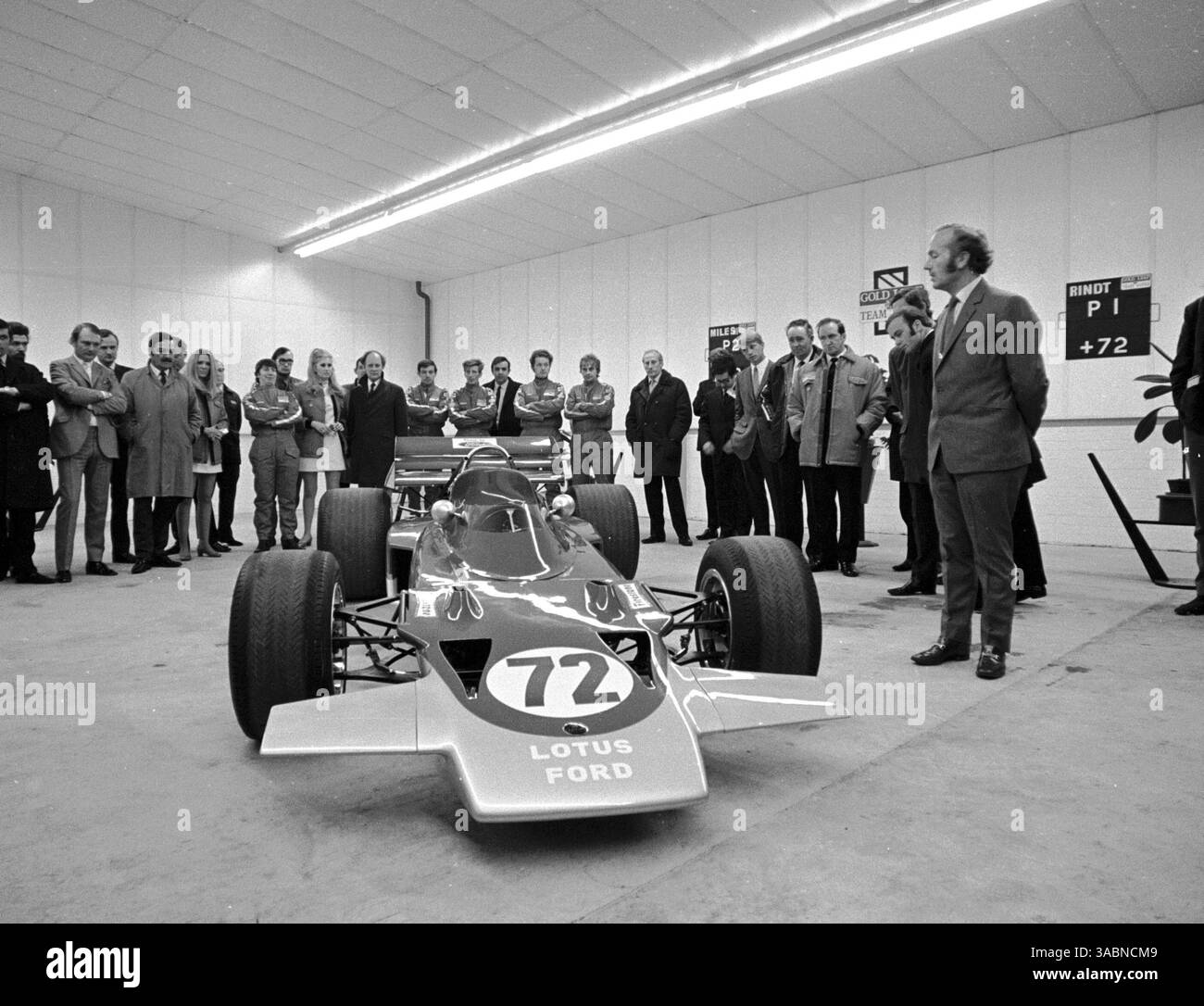 Lotus boss, Colin Chapman(GBR) to right of car.Launch of Lotus 72 ...