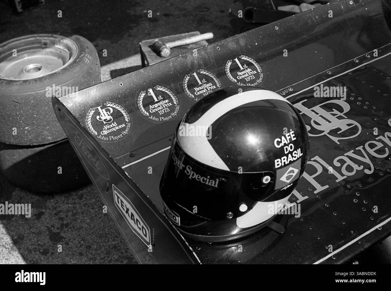 The helmet of Emerson Fittipaldi (BRA) on the rear wing of his Lotus ...