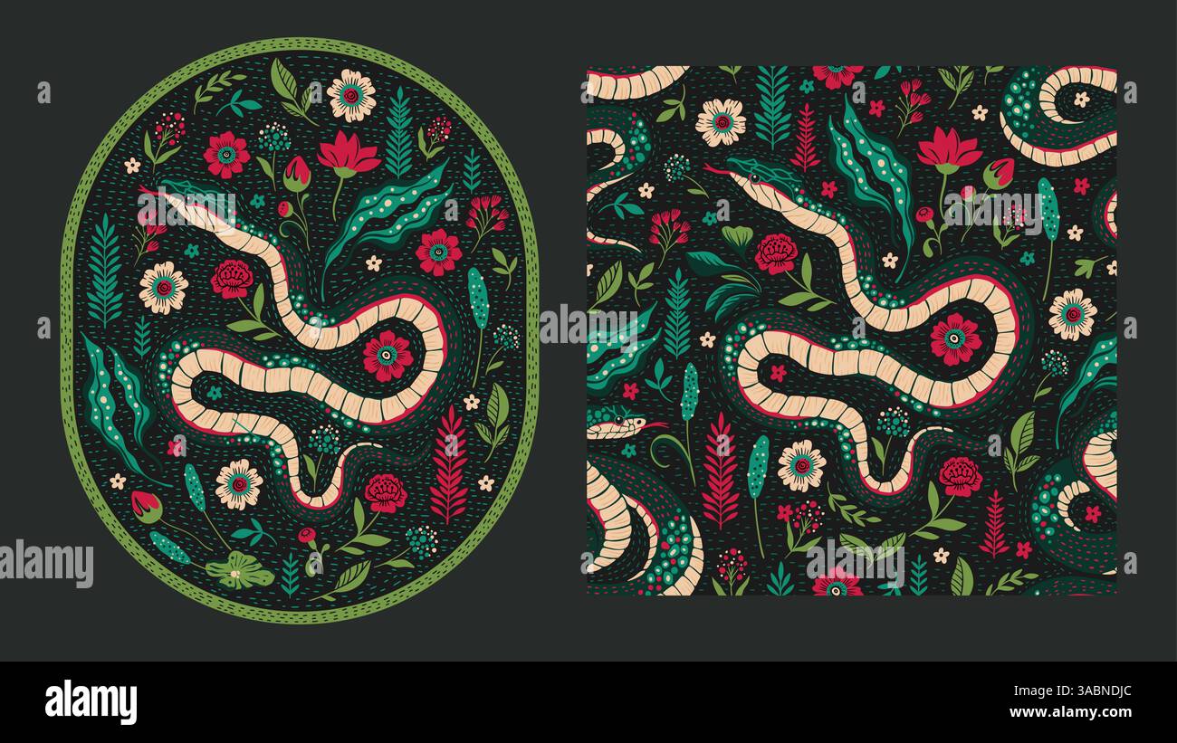 Vintage Boho Ethnic Snake Motif Card and Seamless Pattern Set ...