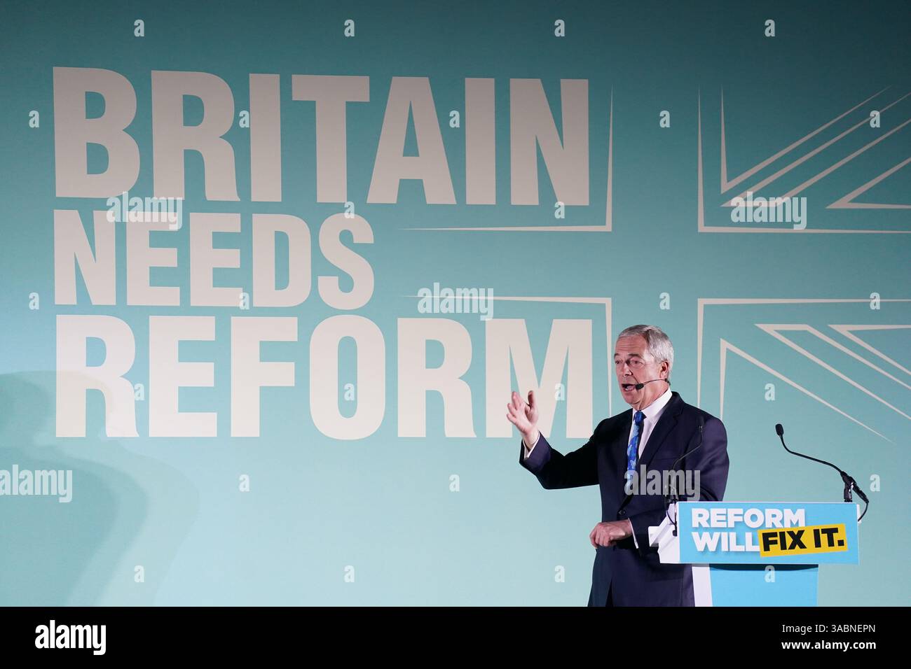 Reform UK leader Nigel Farage speaking at Kettering Leisure Village, in ...