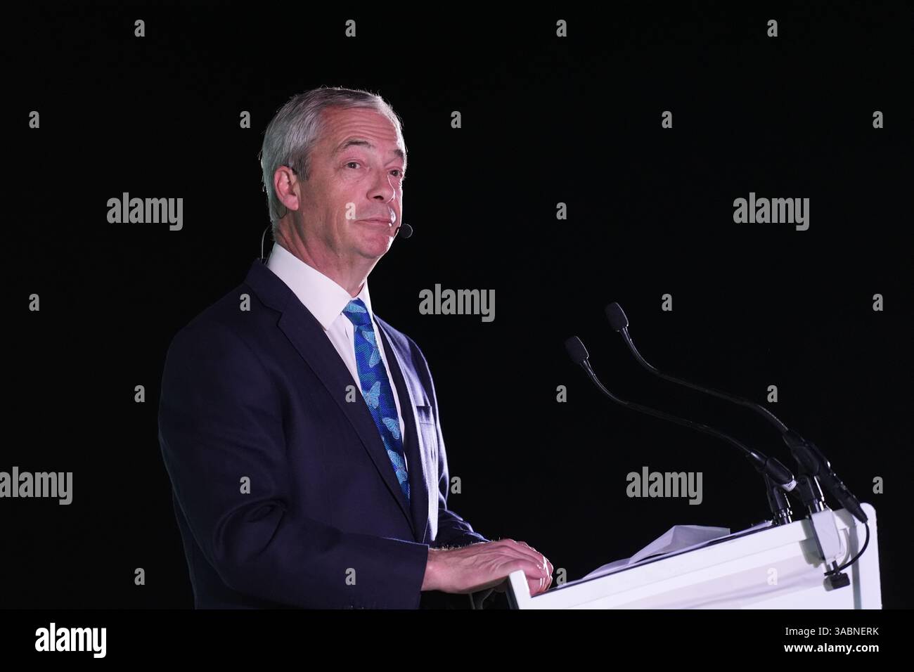 Reform UK leader Nigel Farage speaking at Kettering Leisure Village, in ...
