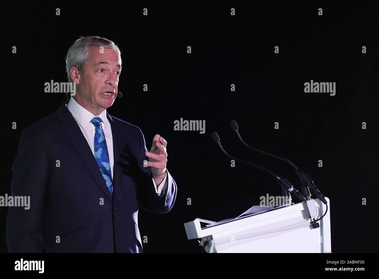 Reform UK leader Nigel Farage speaking at Kettering Leisure Village, in ...
