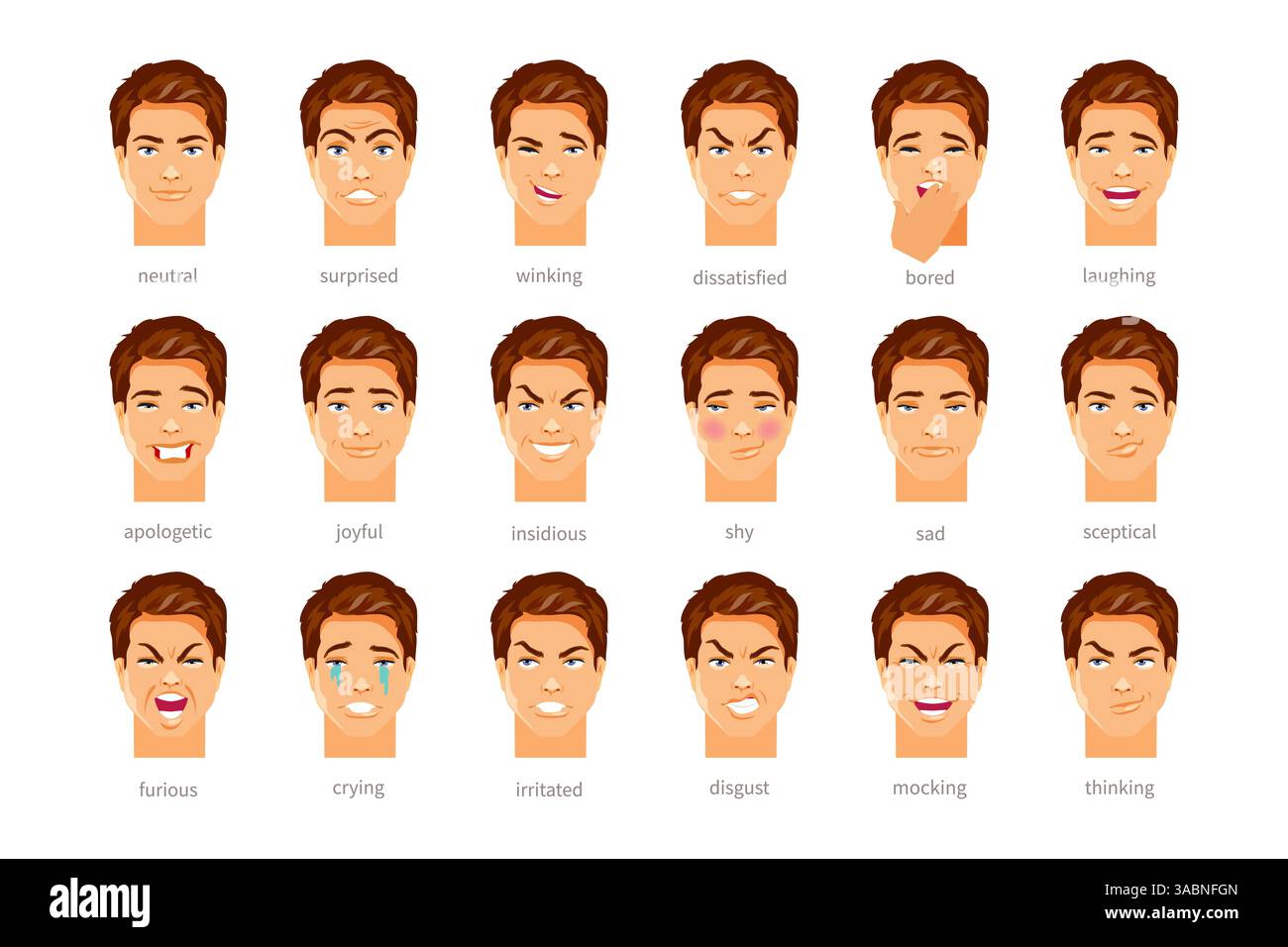 Set of male character with different emotions and feelings. Vector ...