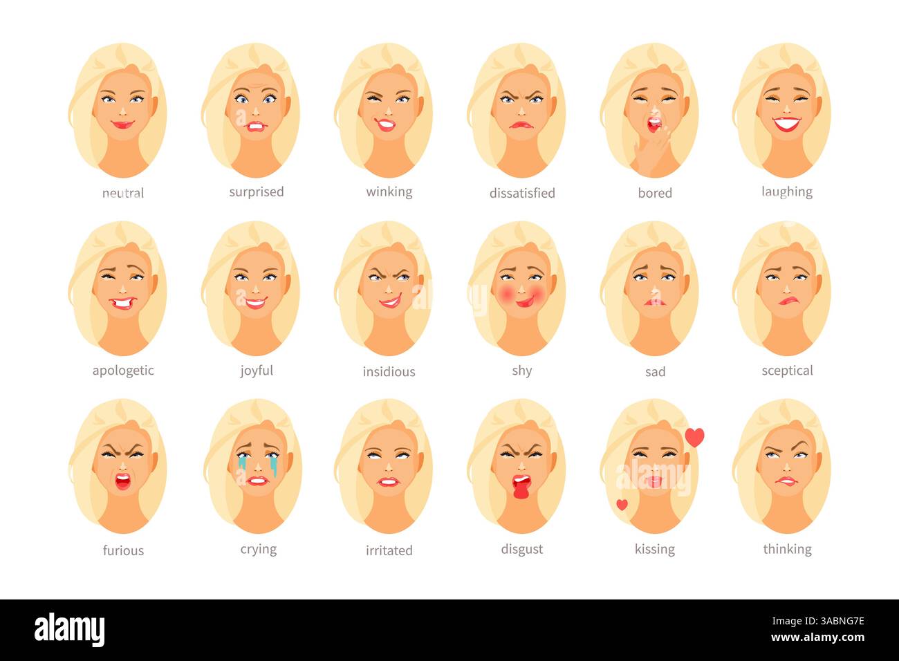 Set of female character with different emotions and feelings. Vector ...