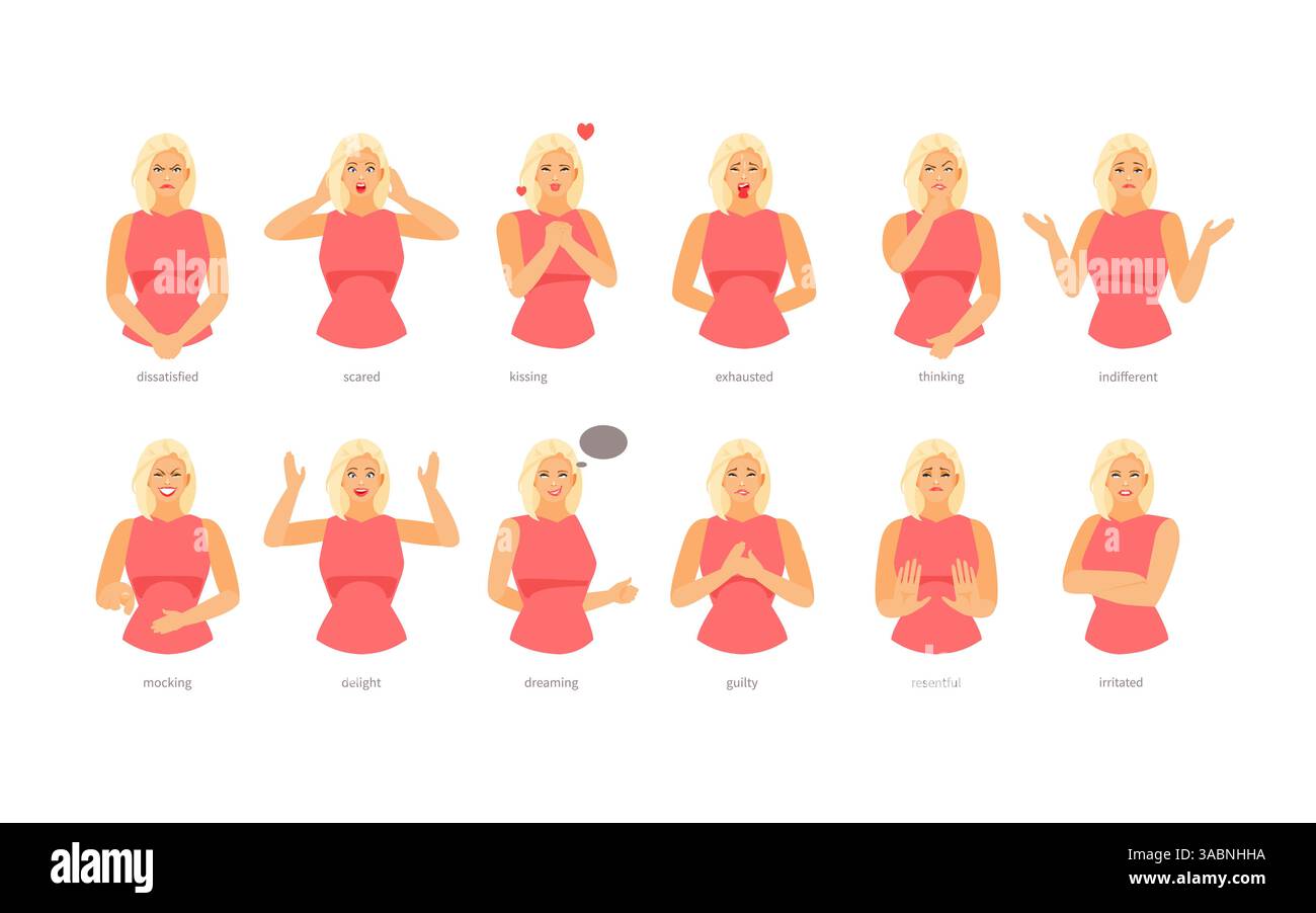 Girl character with different emotions and gestures, Part 2. Vector ...