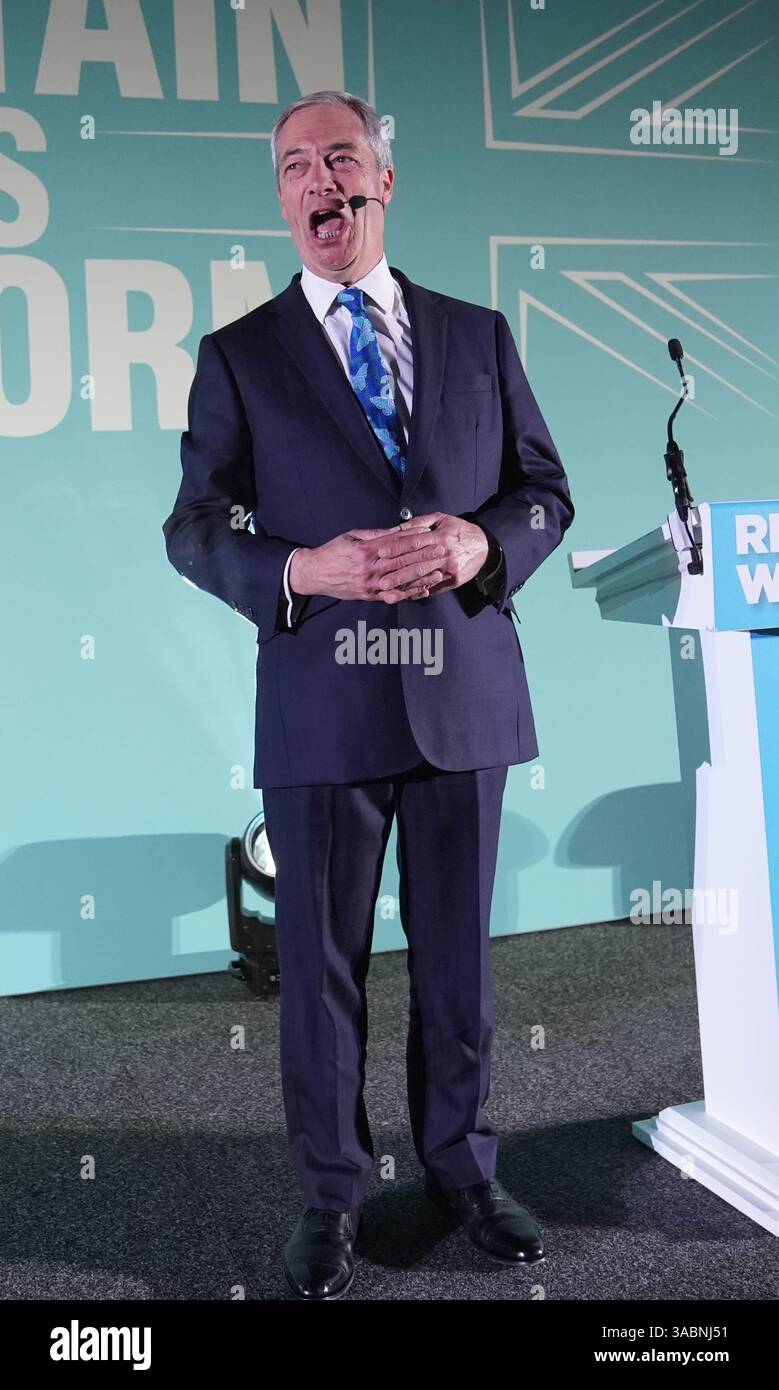 Reform UK leader Nigel Farage speaking at Kettering Leisure Village, in ...